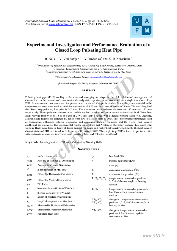 (PDF) Experimental Investigation and Performance Evaluation of a Closed Loop Pulsating Heat Pipe