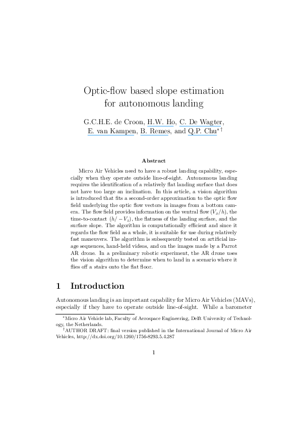 Pdf Optic Flow Based Slope Estimation For Autonomous Landing