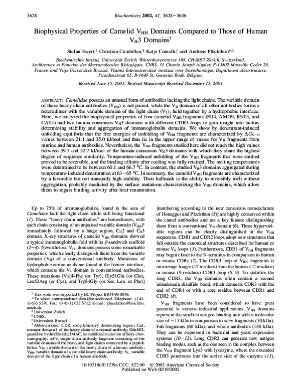 (PDF) Biophysical Properties of Camelid VHH Domains Compared to Those ...