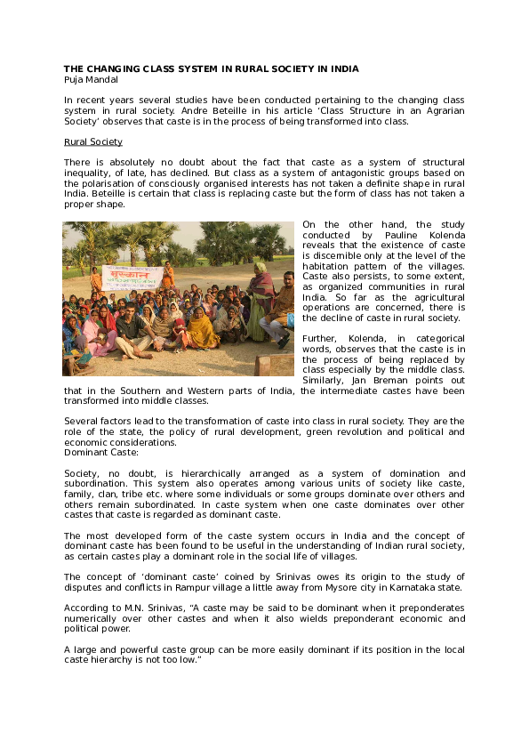 (DOC) THE CHANGING CLASS SYSTEM IN RURAL SOCIETY IN INDIA Puja Mandal