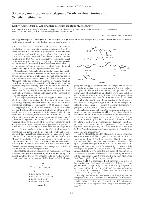 (PDF) Stable organophosphorus analogues of S-adenosylmethionine and S-methylmethionine