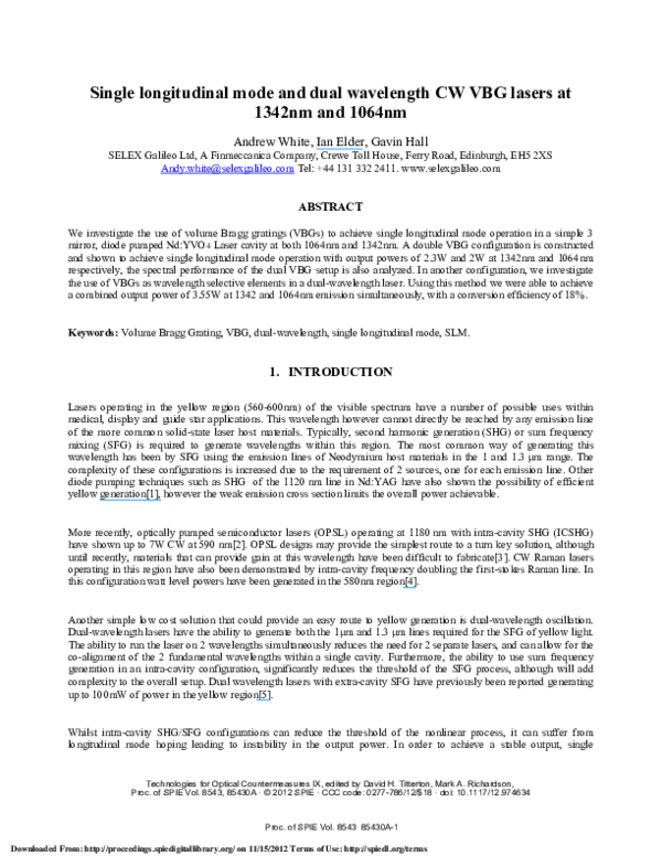 (PDF) Single longitudinal mode and dual wavelength CW VBG lasers at ...