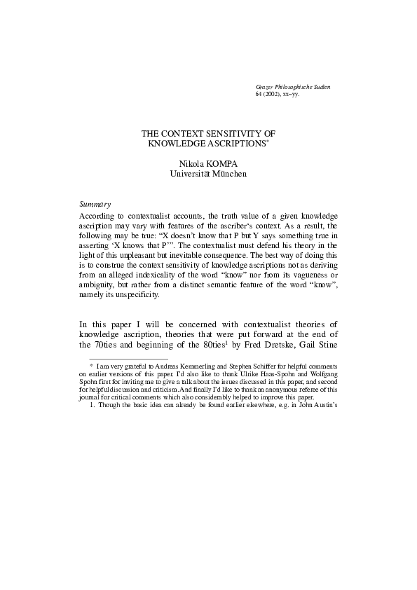 (PDF) The context sensitivity of knowledge ascriptions