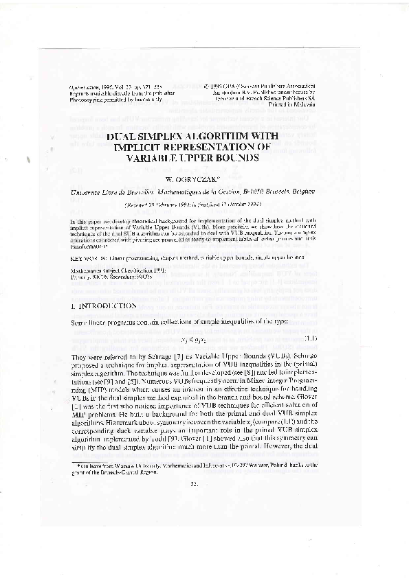 Pdf Dual Simplex Algorithm With Implicit Representation Of Variable Upper Bounds