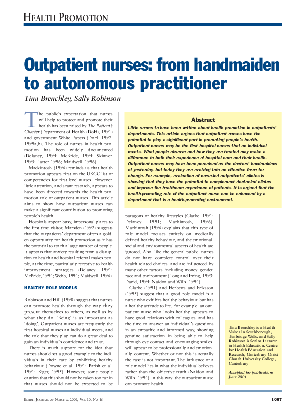 (PDF) Outpatient nurses: from handmaiden to autonomous practitioner