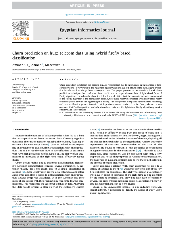 Pdf Churn Prediction On Huge Telecom Data Using Hybrid Firefly Based Classification Ammar