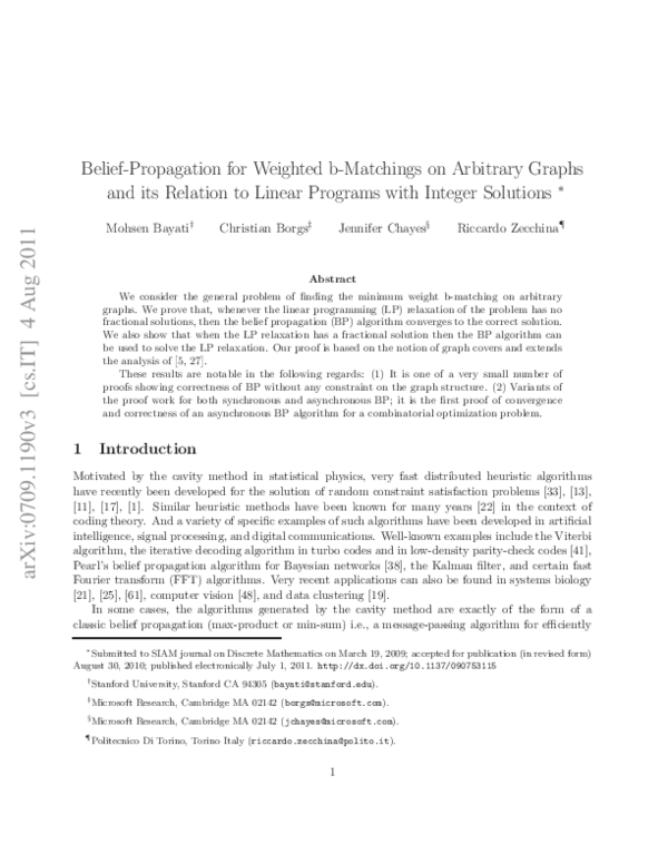 Pdf Belief Propagation For Weighted B Matchings On Arbitrary Graphs And Its Relation To Linear