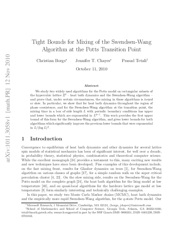 (PDF) Tight Bounds for Mixing of the Swendsen-Wang Algorithm at the Potts Transition Point