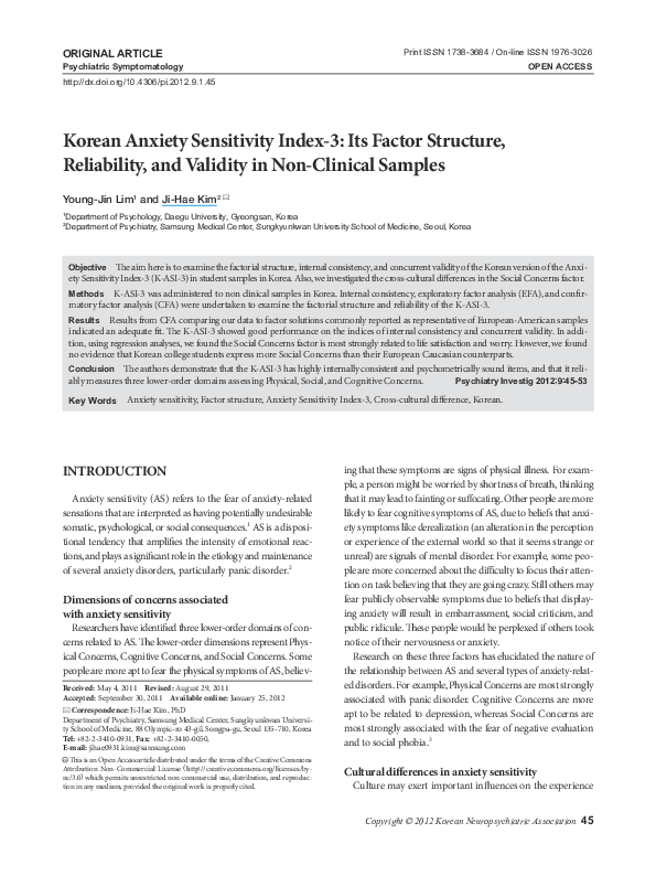 (PDF) Korean Anxiety Sensitivity Index-3: Its Factor Structure ...