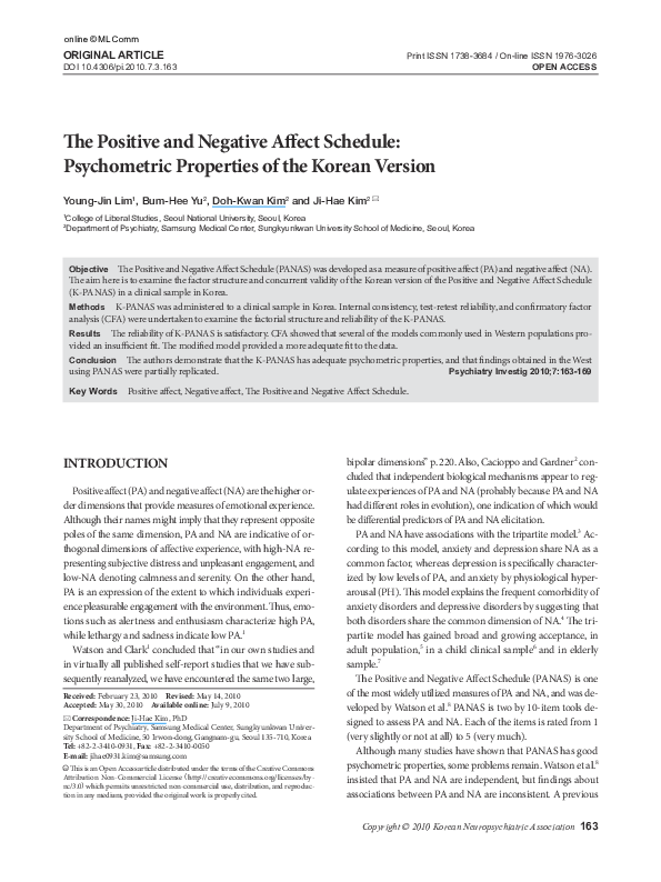 (PDF) The Positive and Negative Affect Schedule: Psychometric ...