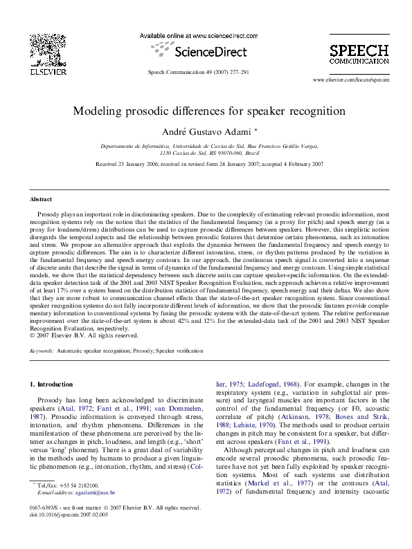 Pdf Modeling Prosodic Differences For Speaker Recognition