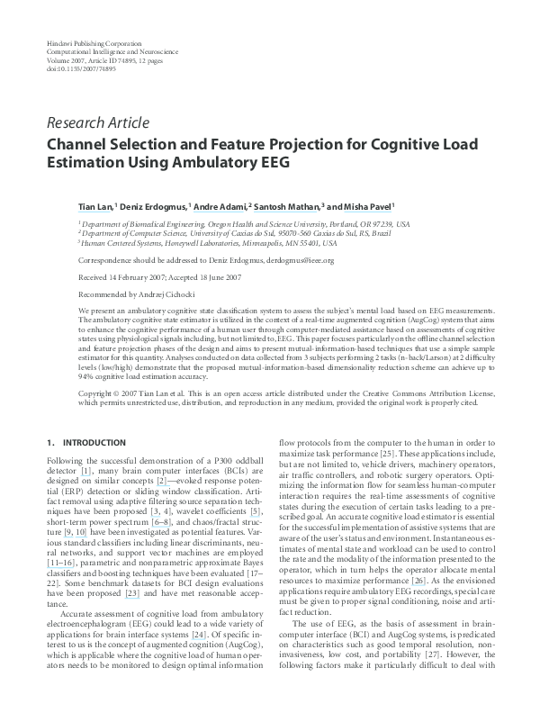 (PDF) Channel Selection and Feature Projection for Cognitive Load Estimation Using Ambulatory EEG