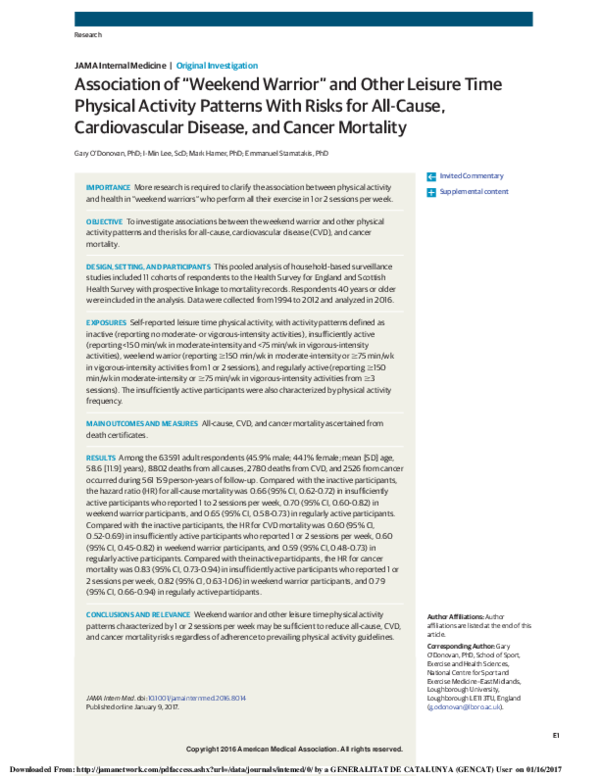 (PDF) Association of " Weekend Warrior " and Other Leisure Time ...
