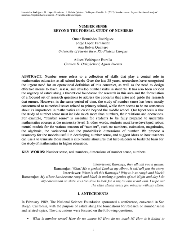 (PDF) NUMBER SENSE BEYOND THE FORMAL STUDY OF NUMBERS