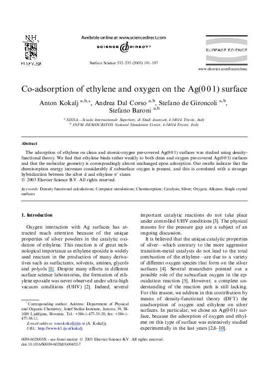 (PDF) Co-adsorption of ethylene and oxygen on the Ag(0 0 1) surface