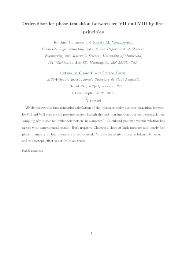 (PDF) Order-disorder phase transition between ice VII and VIII by first ...