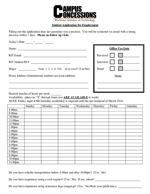 (PDF) Student Application for Employment