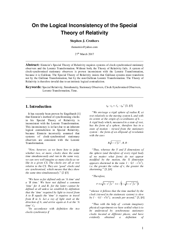 (PDF) On the Logical Inconsistency of the Special Theory of Relativity