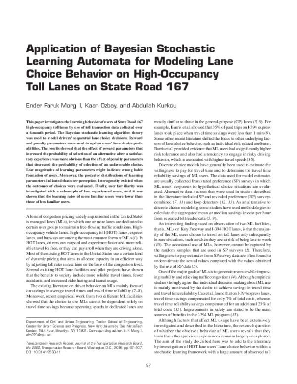 Pdf Application Of Bayesian Stochastic Learning Automata For Modeling Lane Choice Behavior On