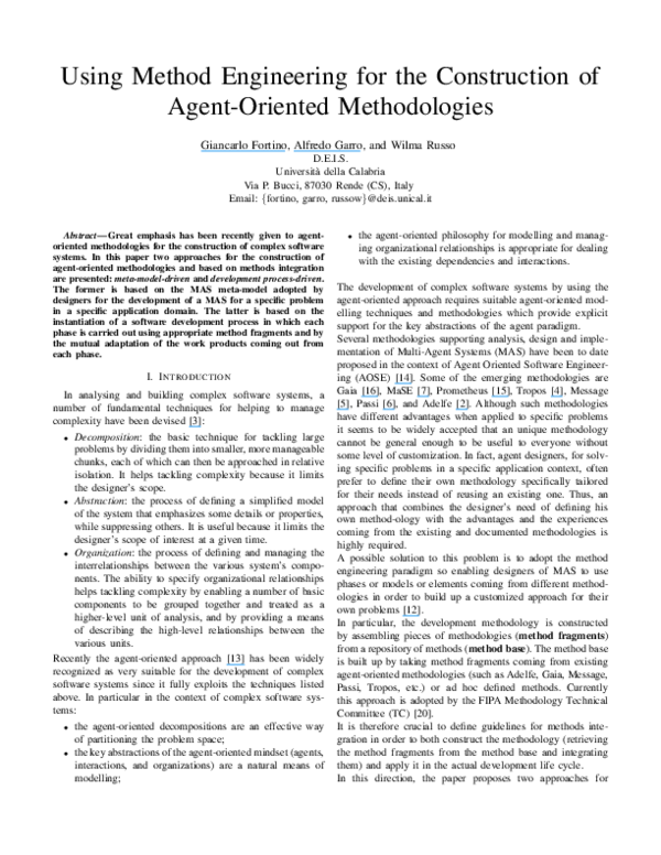 (PDF) Using method engineering for the construction of agent-oriented methodologies