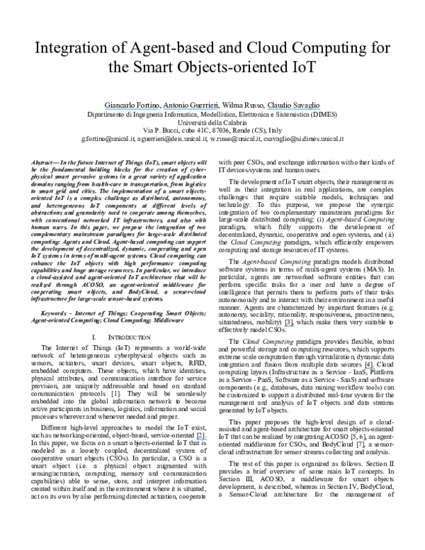 (PDF) Integration of agent-based and Cloud Computing for the smart objects-oriented IoT