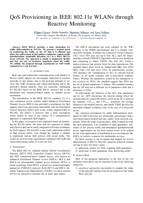 (PDF) QoS Provisioning in IEEE 802.11e WLANs through Reactive Monitoring
