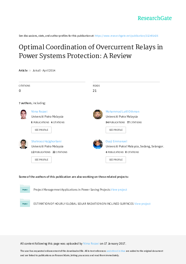 Pdf Optimal Coordination Of Overcurrent Relays In Power Systems Protection A Review