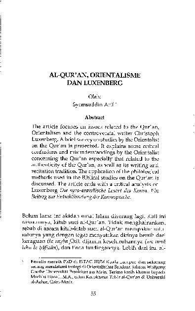 (PDF) al-Qur'an, Orientalisme dan Luxenberg