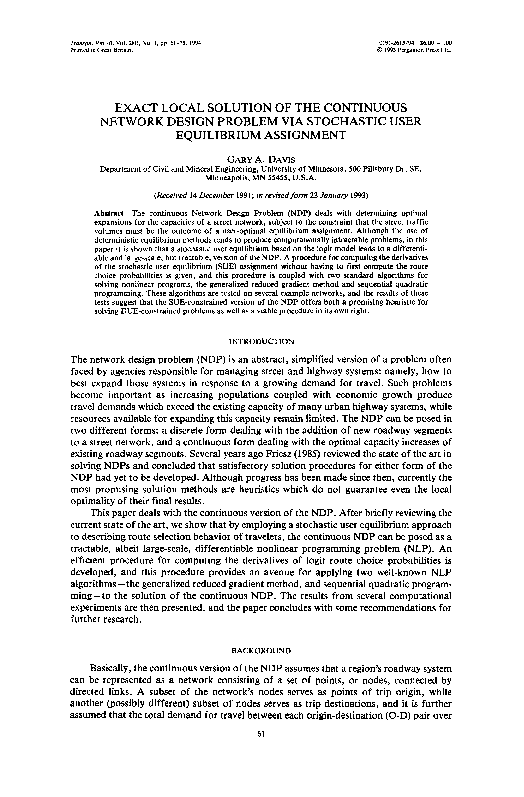 Pdf Exact Local Solution Of The Continuous Network Design Problem Via Stochastic User