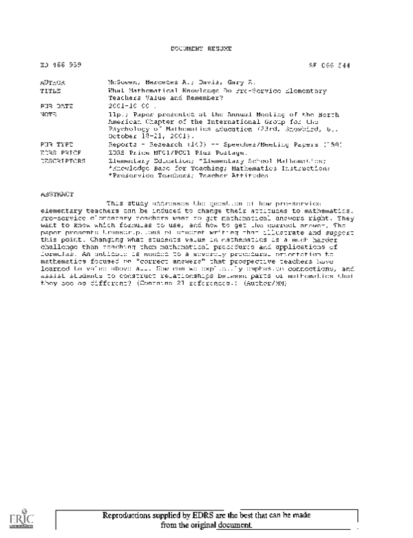 (PDF) What mathematical knowledge do pre-service elementary teachers ...