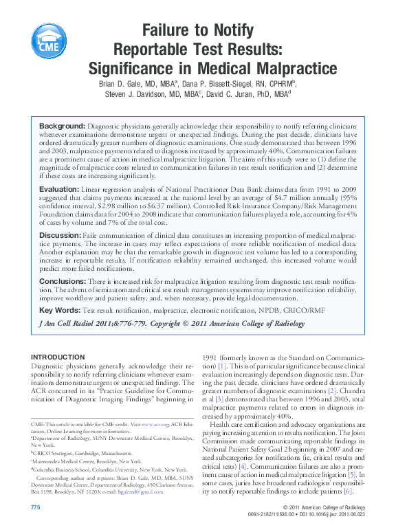 (PDF) Failure to Notify Reportable Test Results: Significance in ...
