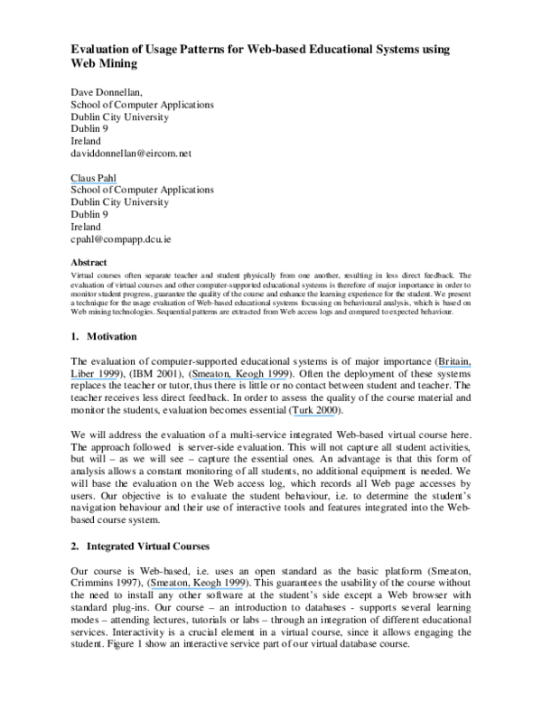 Pdf Evaluation Of Usage Patterns For Web Based Educational Systems