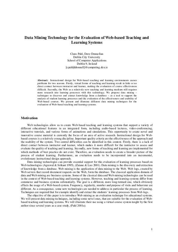 Pdf Data Mining Technology For The Evaluation Of Web Based Teaching And Learning Systems