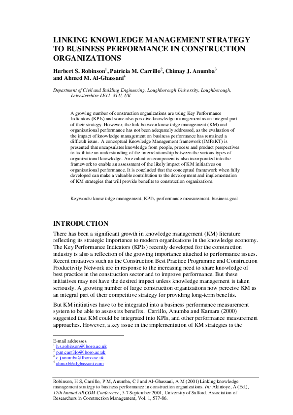 (PDF) LINKING KNOWLEDGE MANAGEMENT STRATEGY TO BUSINESS PERFORMANCE IN ...