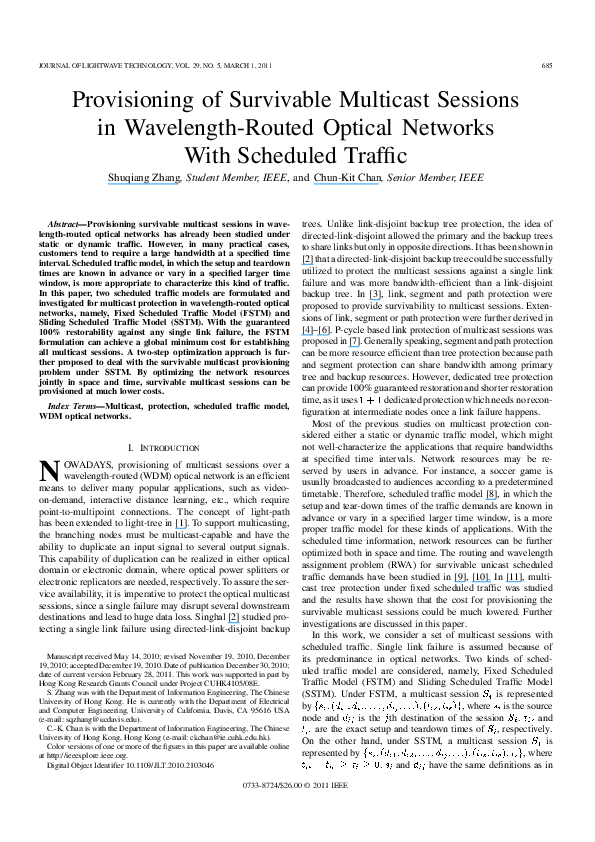 (PDF) Provisioning of Survivable Multicast Sessions in Wavelength-Routed Optical Networks With ...