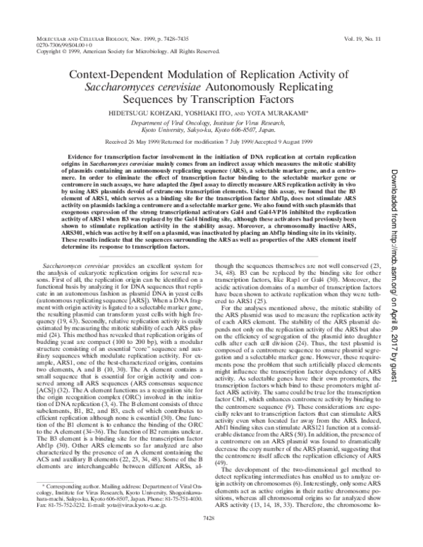 (PDF) Context-dependent modulation of replication activity of Saccharomyces cerevisiae ...