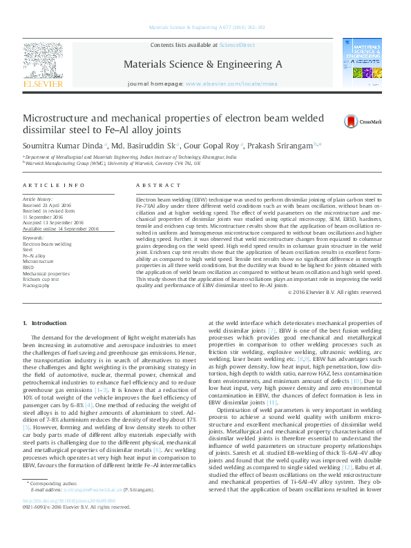 (PDF) Microstructure and mechanical properties of electron beam welded dissimilar steel to Fe–Al ...