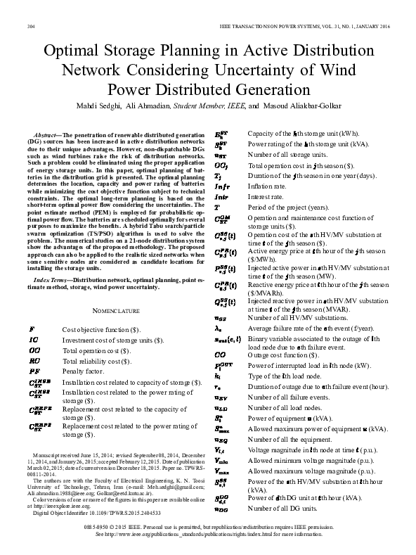 (PDF) Optimal Storage Planning in Active Distribution Network Considering Uncertainty of Wind ...
