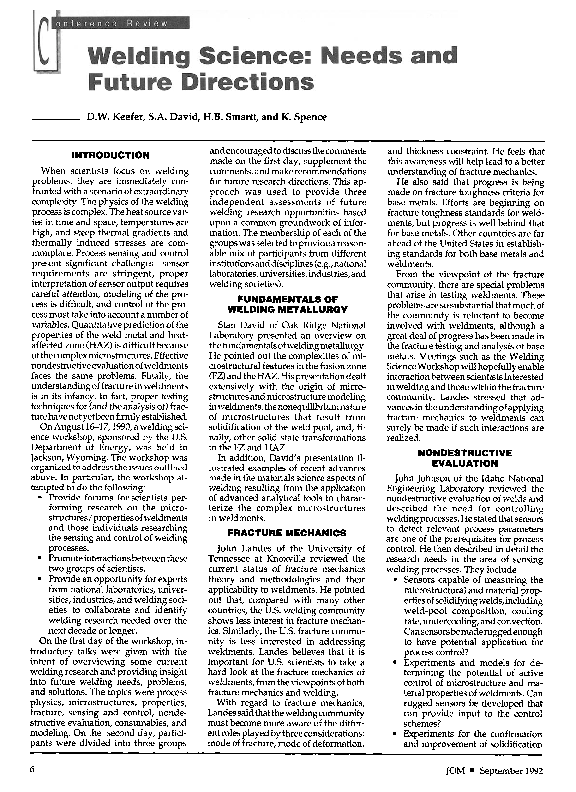 (PDF) Welding science: Needs and future directions