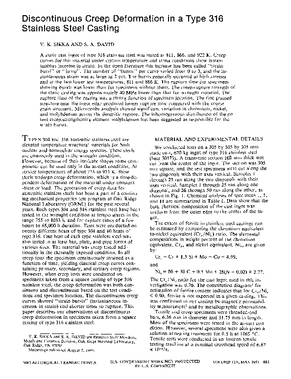 (PDF) Discontinuous creep deformation in a type 316 stainless steel casting