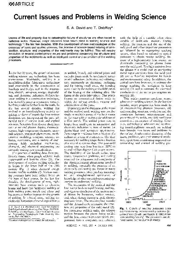 (PDF) Current Issues and Problems in Welding Science