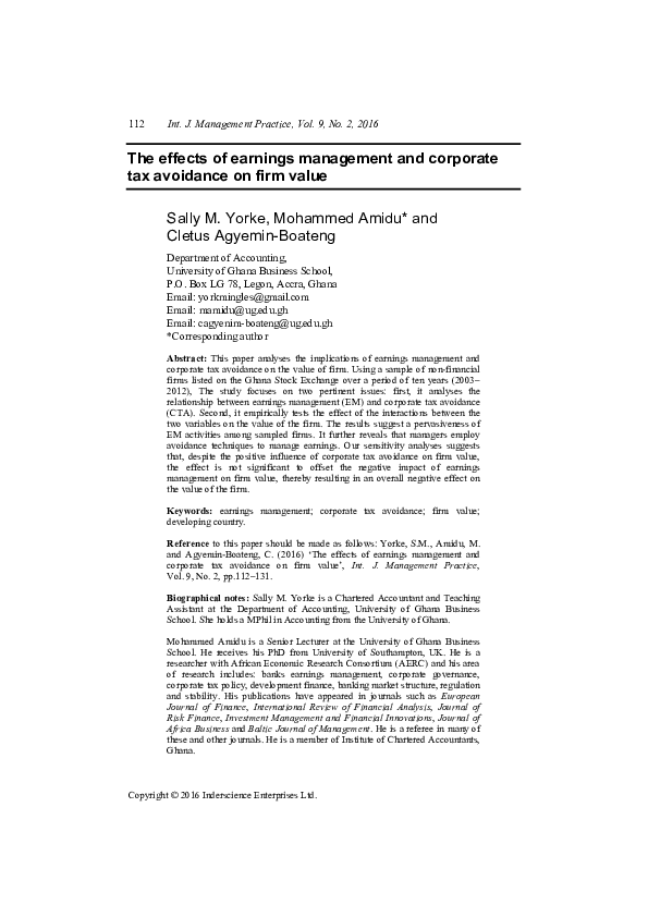 (PDF) The effects of earnings management and corporate tax avoidance on firm value
