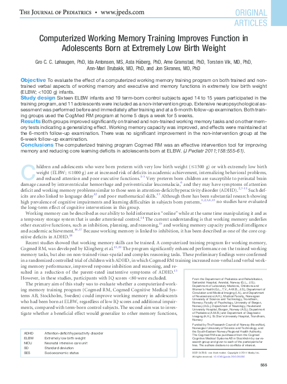 (PDF) Computerized Working Memory Training Improves Function in Adolescents Born at Extremely ...