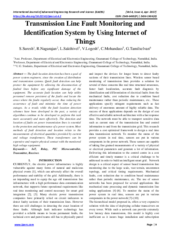 (PDF) Transmission Line Fault Monitoring and Identification System by Using Internet of Things