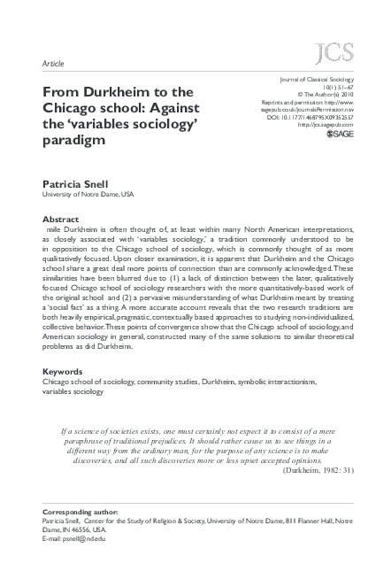 (PDF) From Durkheim to the Chicago school: Against the 'variables ...