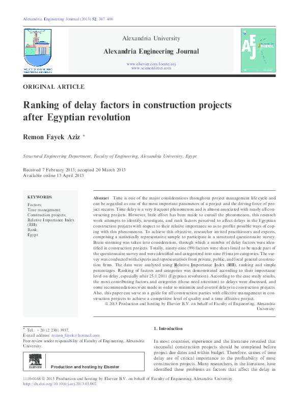 (PDF) Ranking of delay factors in construction projects after Egyptian revolution