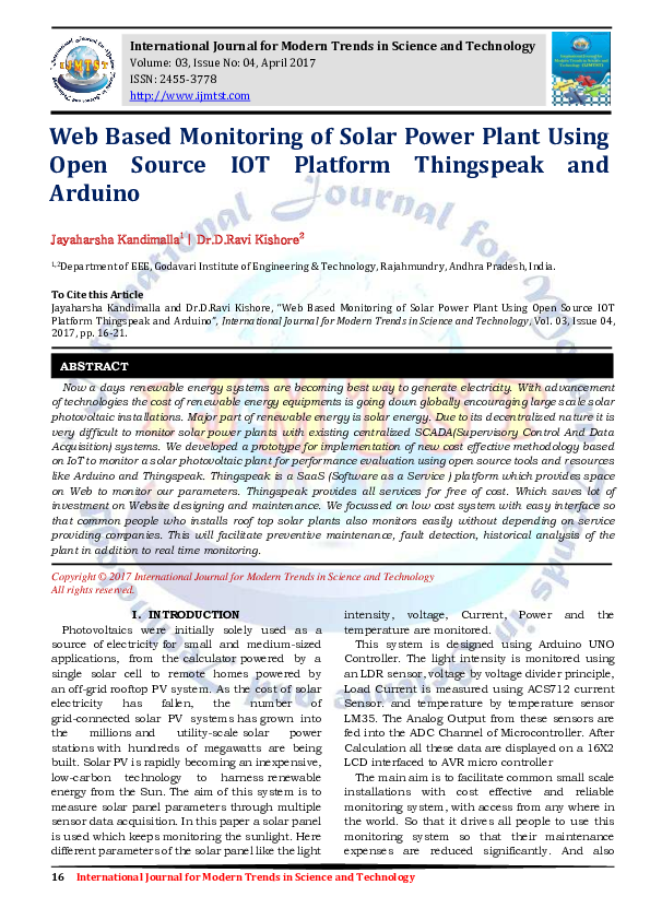 (PDF) Web Based Monitoring of Solar Power Plant Using Open Source IOT ...