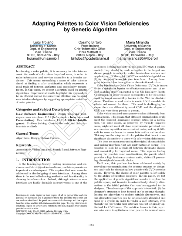 (PDF) Adapting palettes to color vision deficiencies by genetic algorithm