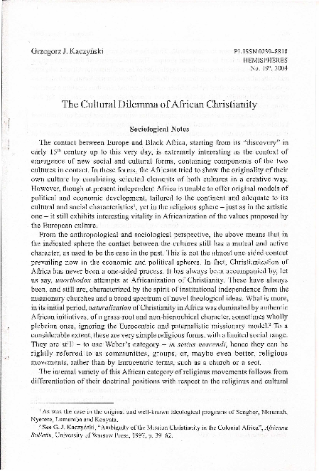 (PDF) The Cultural Dilemma of African Christianity. Sociological Notes