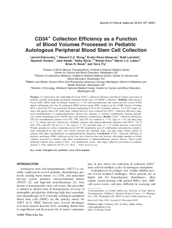 (PDF) CD34+ collection efficiency as a function of blood volumes ...